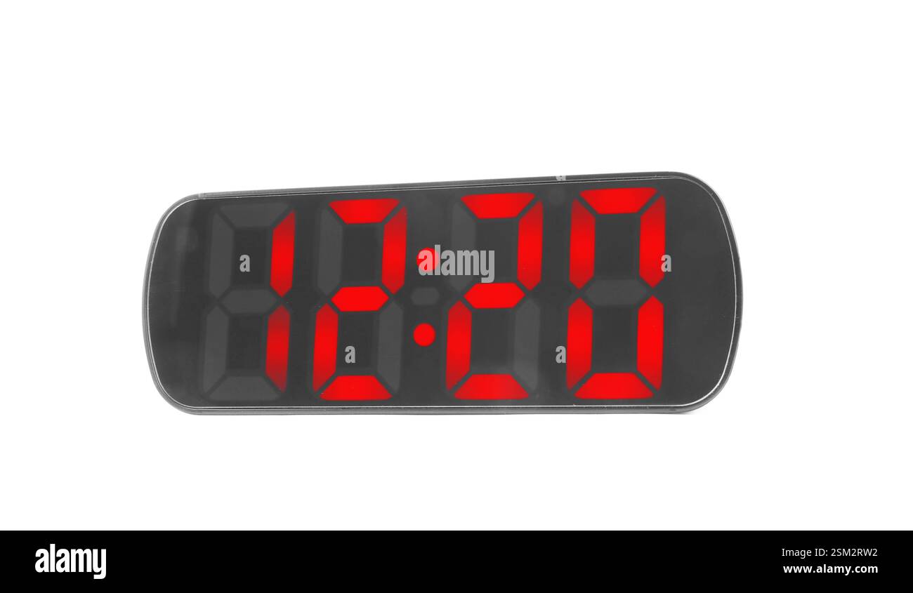 Digital alarm clock showing 12:20 o'clock on white background Stock ...