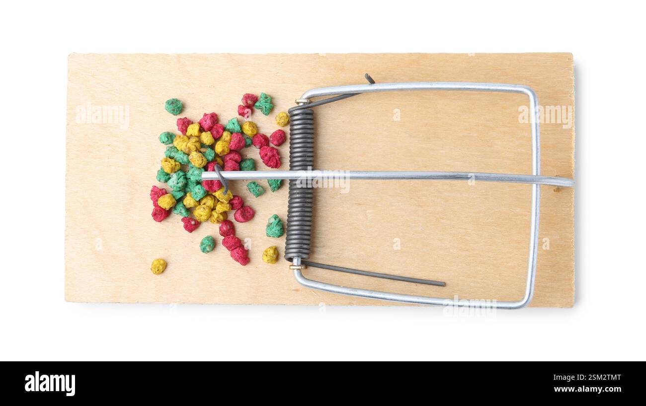Mouse trap with rat poison isolated on white, top view Stock Photo - Alamy