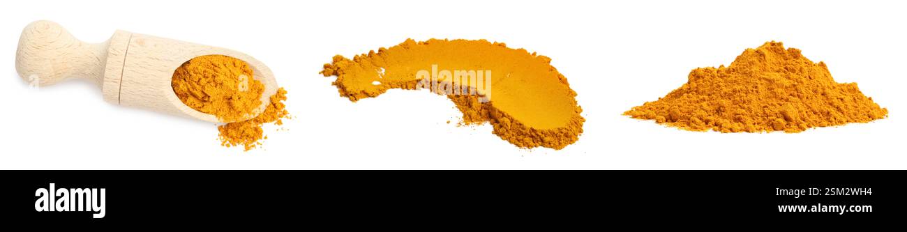Aromatic turmeric powder isolated on white, set Stock Photo - Alamy