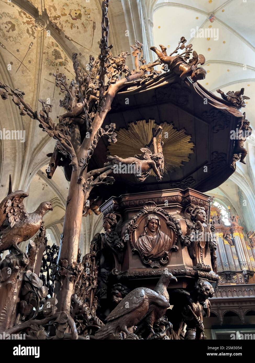 Inside Antwerp's huge Gothic Cathedral of Our Lady - the ornate carved ...