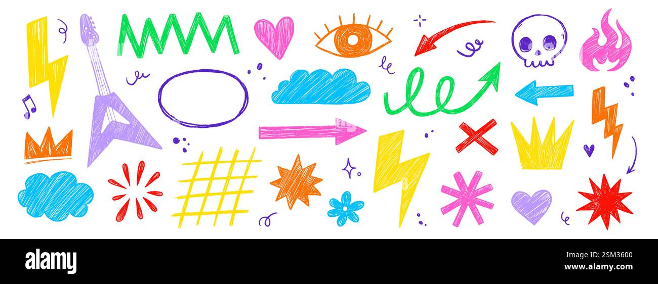 Hand drawn rock punk music star grunge tattoo doodle icon element set ...