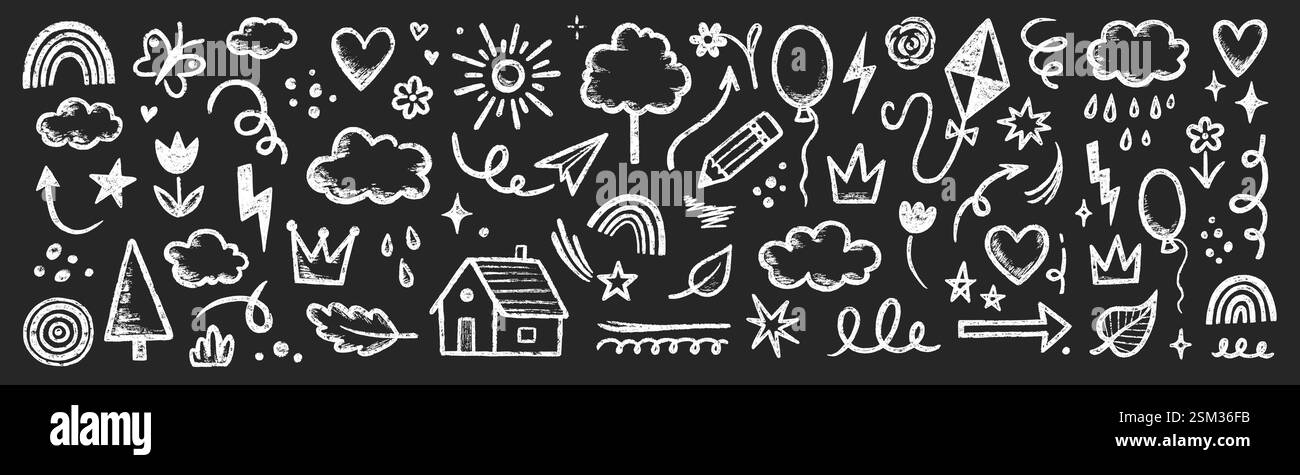 Kid crayon chalk line cloud, flower children element set. Hand drawn ...