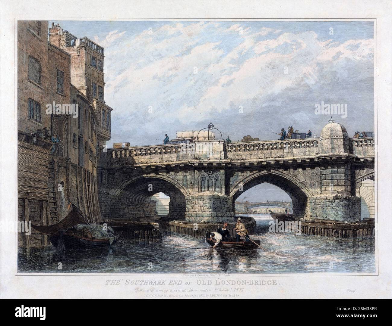 A print coloured engraving of The Southwark end of old London bridge ...