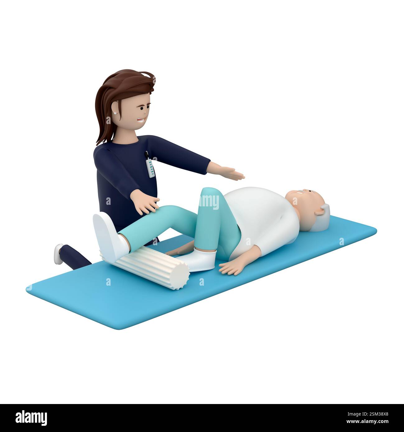 Senior male character is lying on the blue mat and using a ...