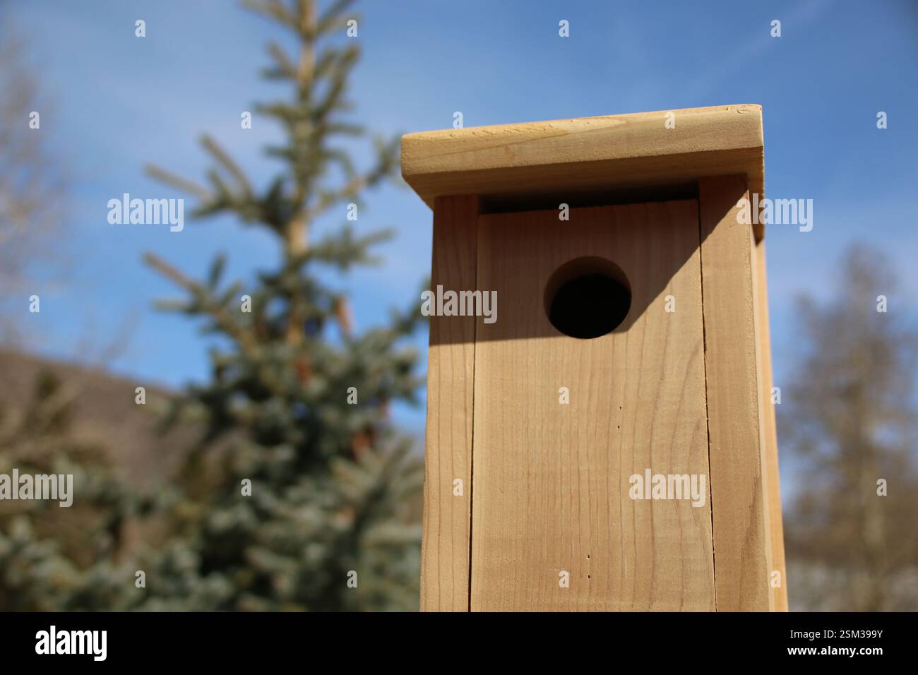 A wooden birdhouse nesting box mounted on a post for small birds to ...