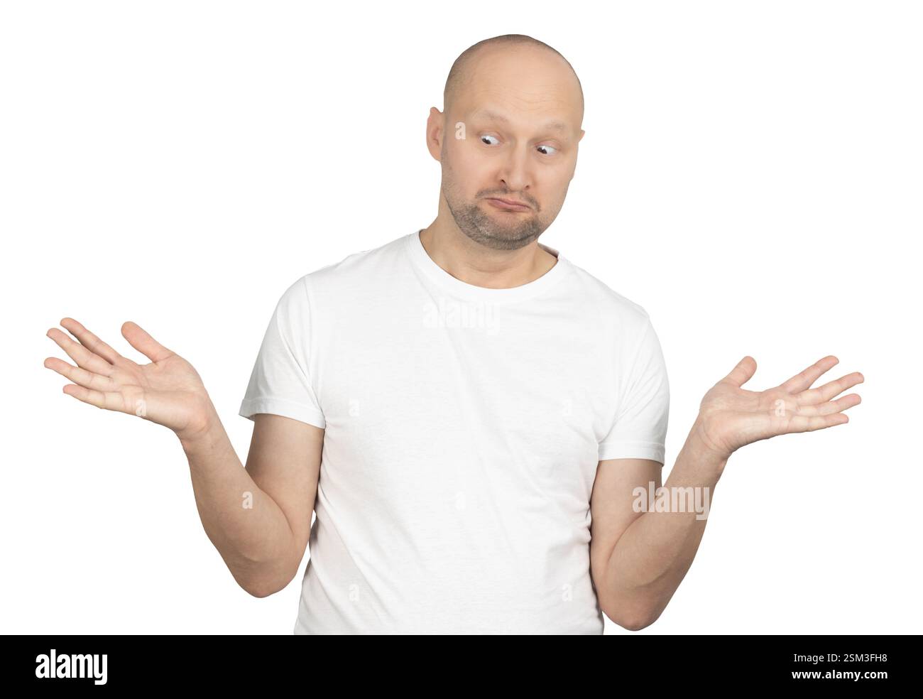 A bald Caucasian man with a short beard is wearing a white t-shirt and ...