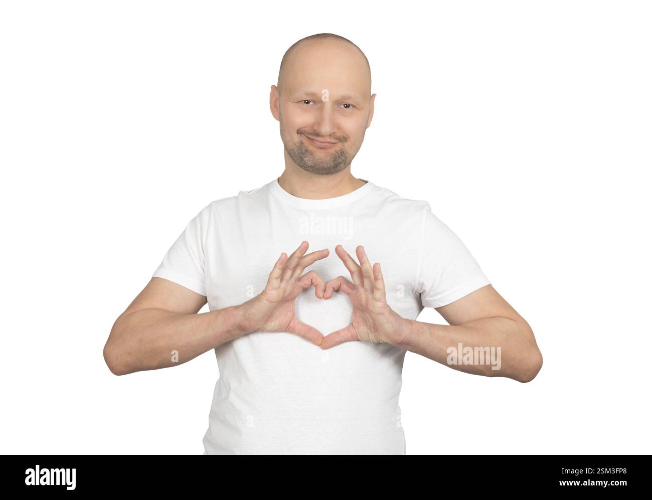 A bald Caucasian man with a short beard is wearing a white t-shirt and ...