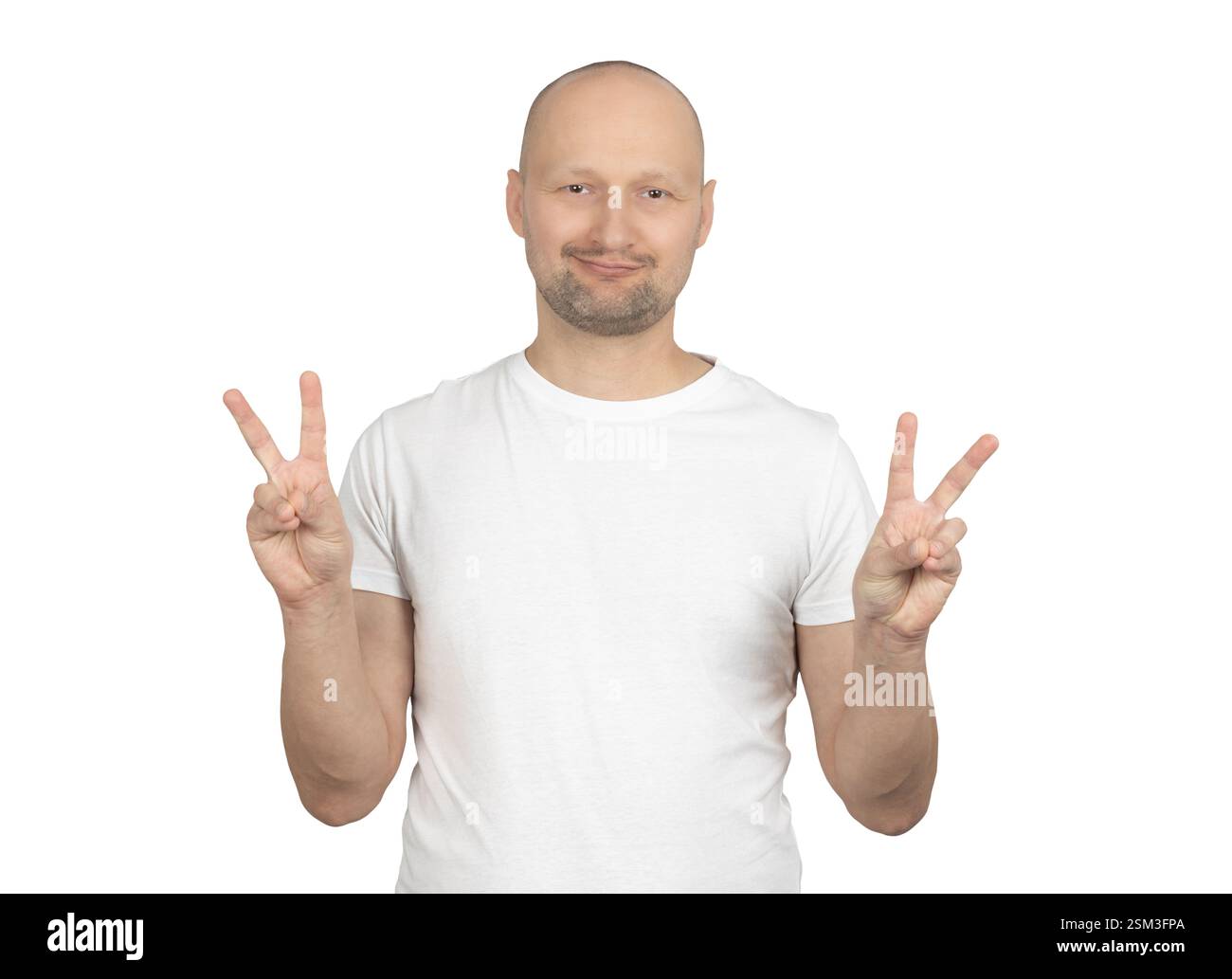 A bald Caucasian man with a short beard is wearing a white t-shirt and ...