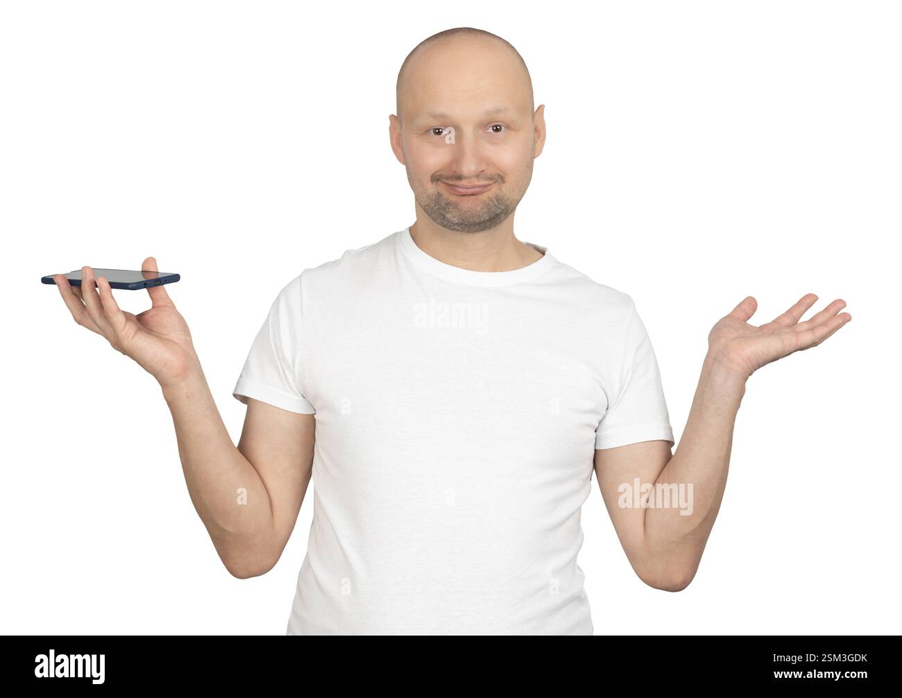 A bald Caucasian man with light stubble is wearing a white t-shirt and ...