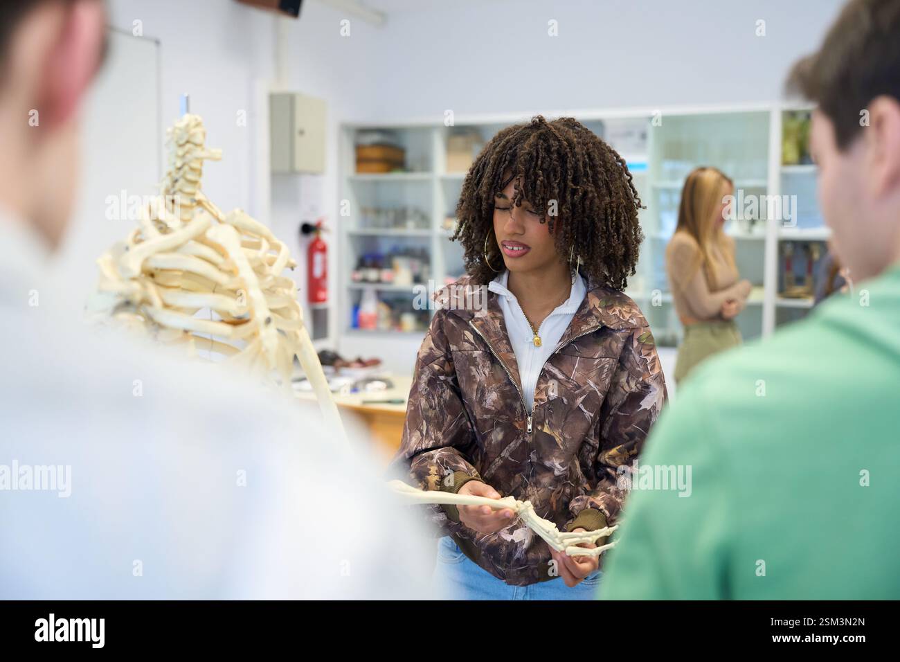 Medical student explaining human skeleton anatomy to classmates Stock ...