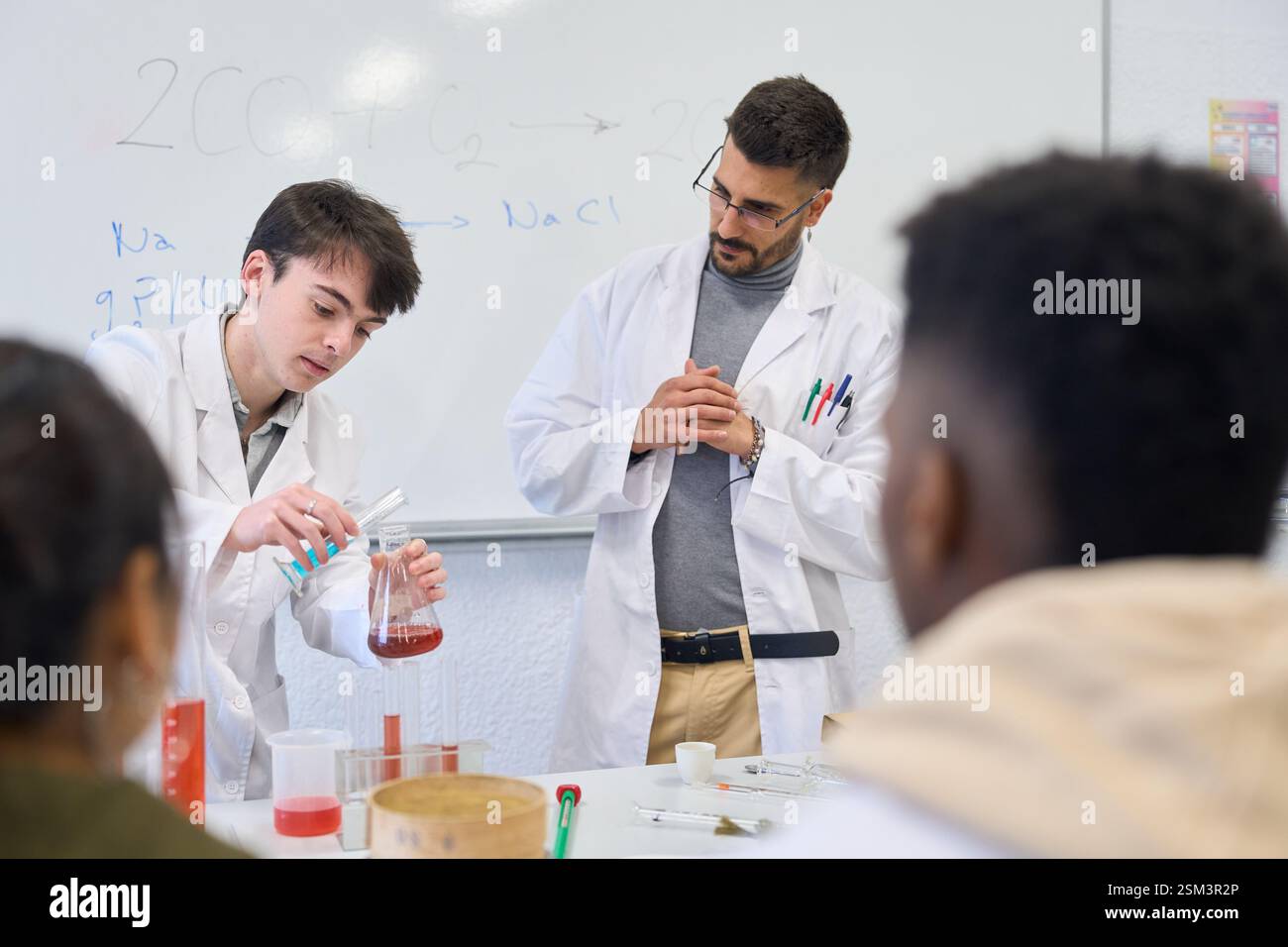 Chemistry students and teacher making experiments in laboratory Stock ...
