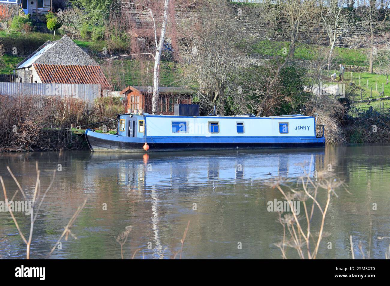 Narrow boat, River Avon at Saltford, near Bristol, England, South West ...