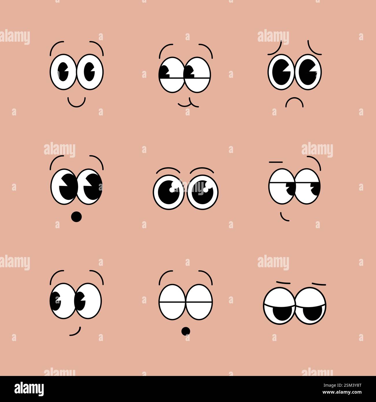 Cartoon faces. Expressive eyes and mouth, smiling, crying and surprised ...