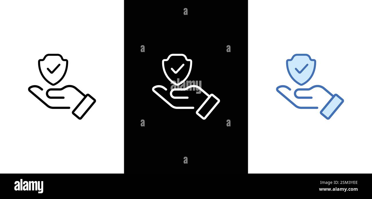 Insurance hand line and flat icon set. Shield with checkmark on hand ...
