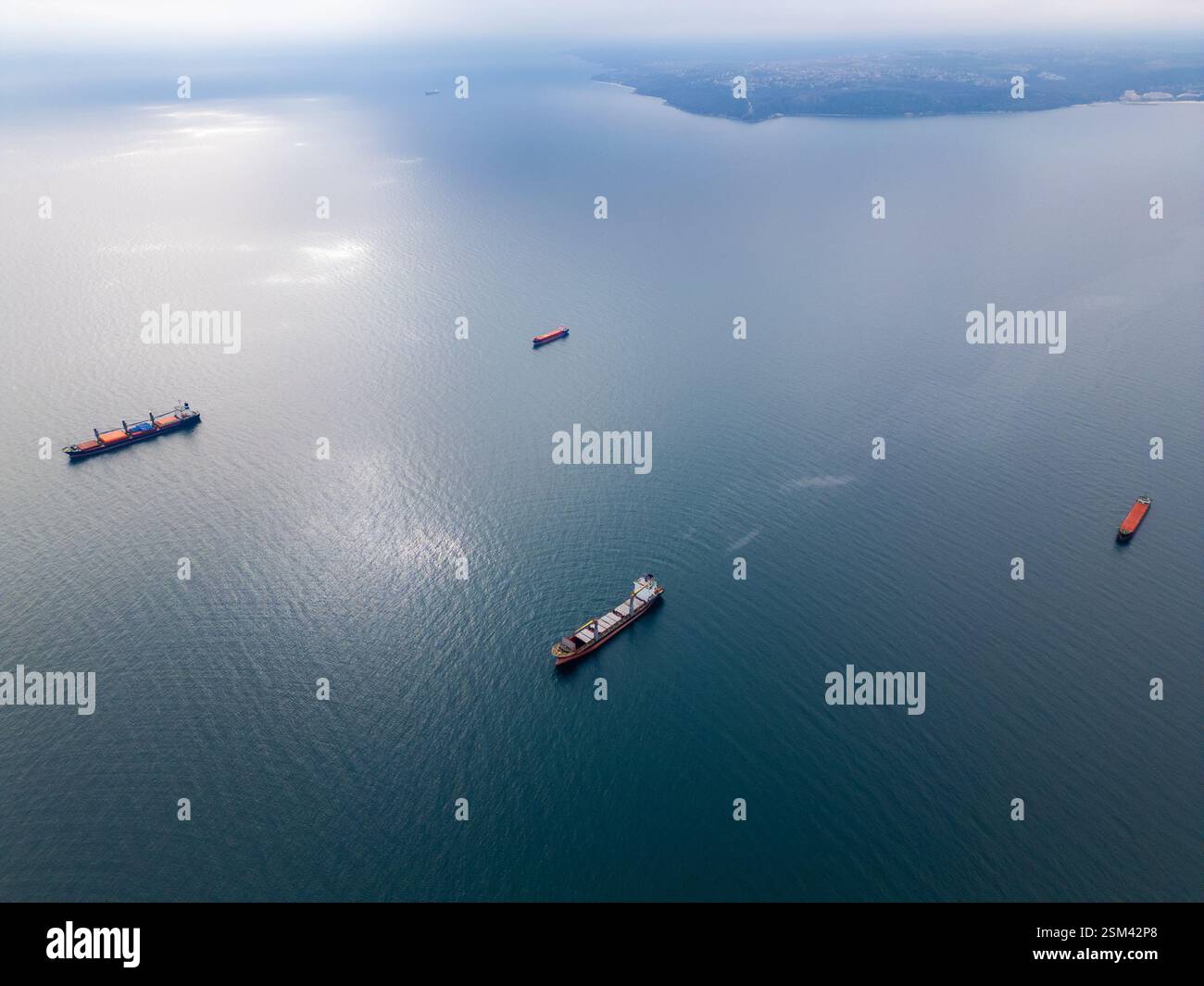 An aerial perspective of cargo ships floating on the open sea ...