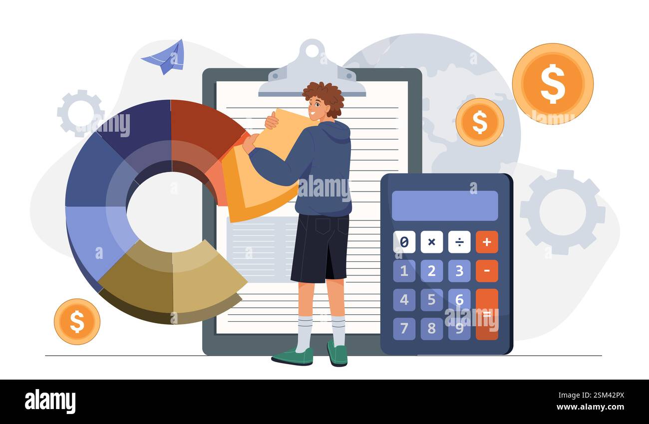Man analyzing financial data with pie chart and calculator Stock Vector ...