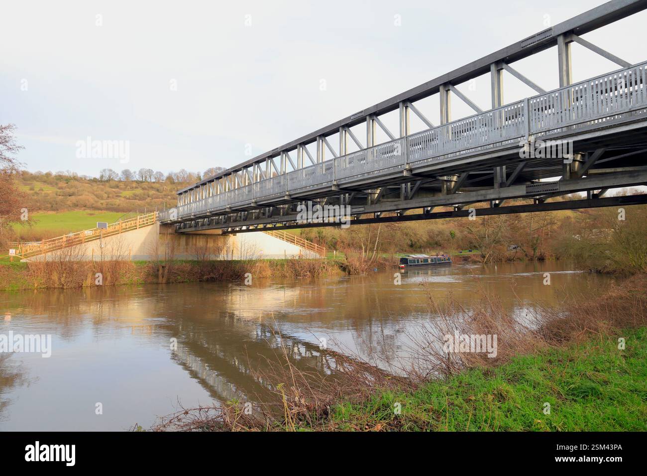 New metal bridge across the River Avon to a Wessex Water treatment plant, at Saltford, near ...