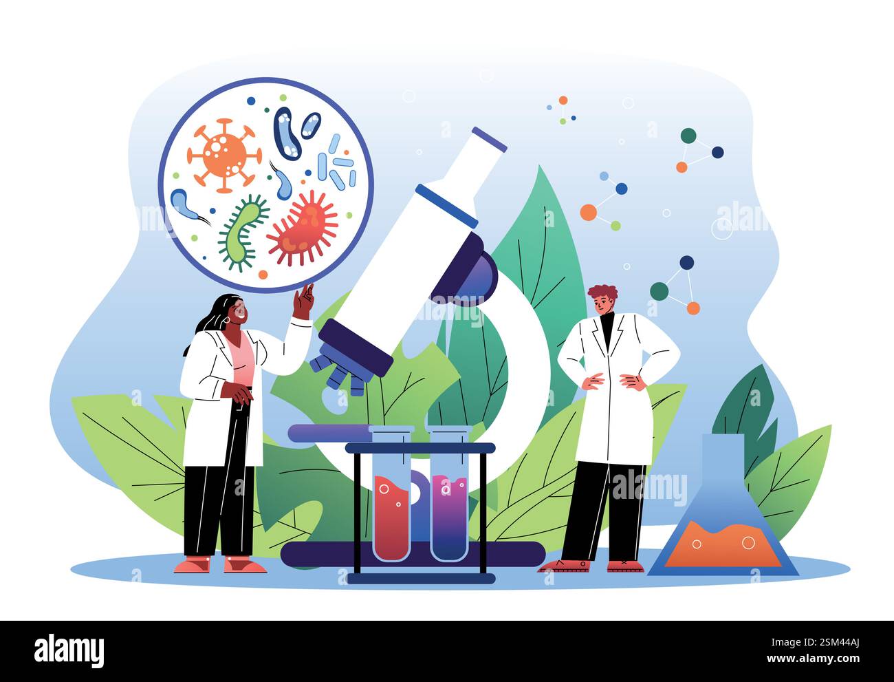 Scientists analyzing bacteria under a microscope Stock Vector Image ...