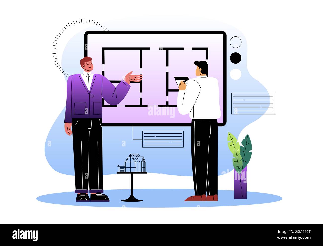 Architects discussing building blueprint on interactive display Stock ...