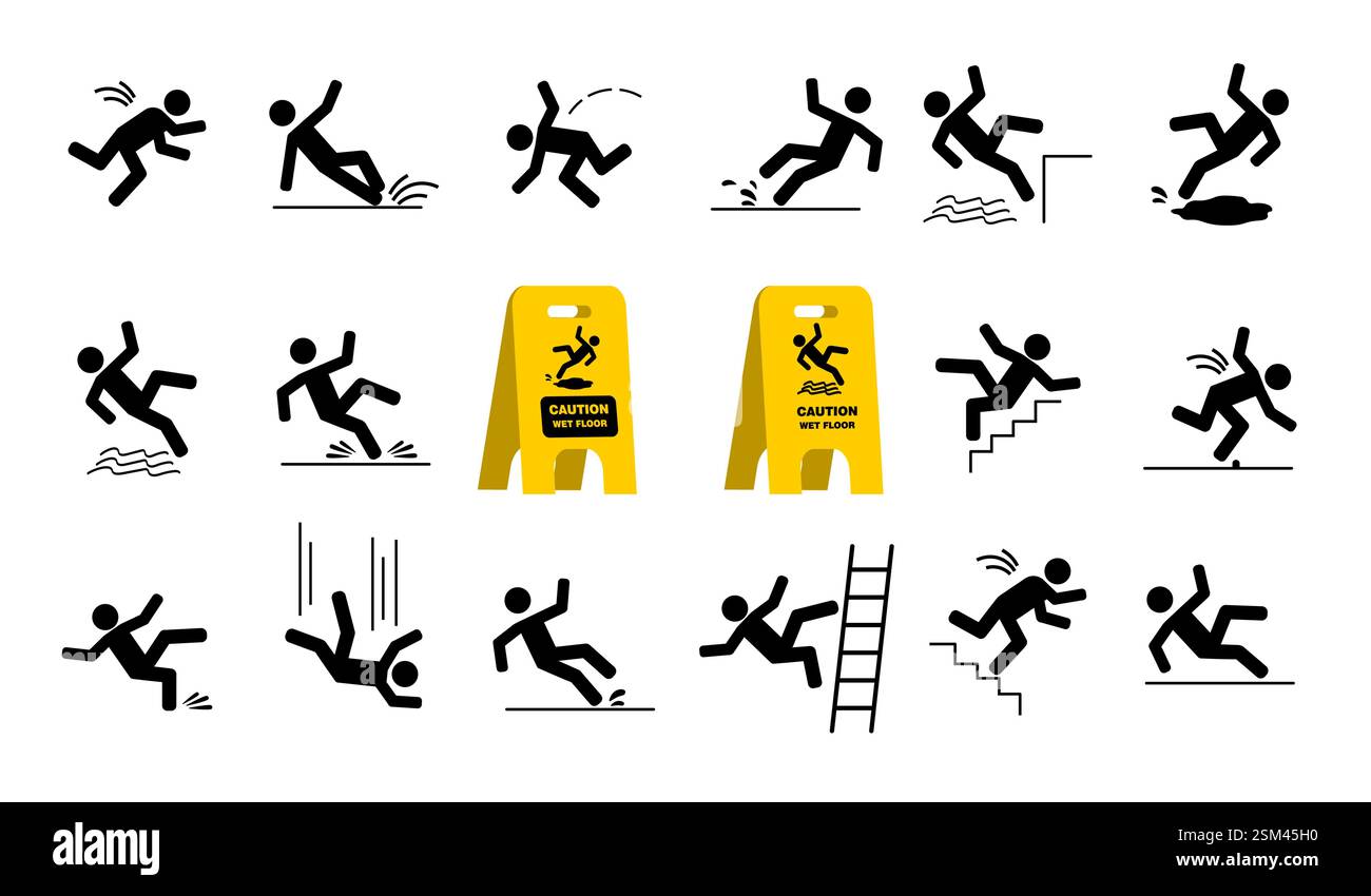 Stick figure slip and fall warning signs and hazards illustration Stock ...