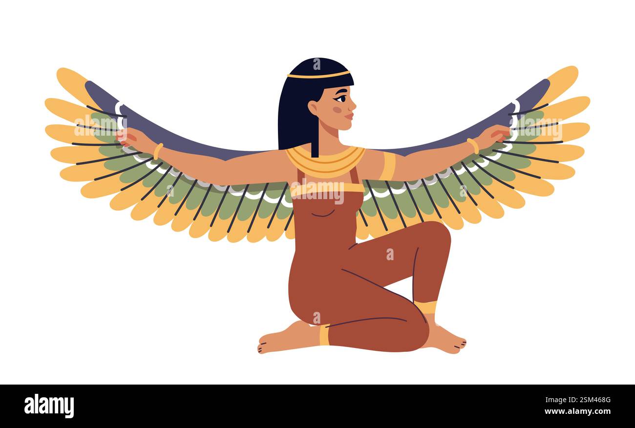 Ancient Egyptian goddess with colorful wings in traditional attire ...