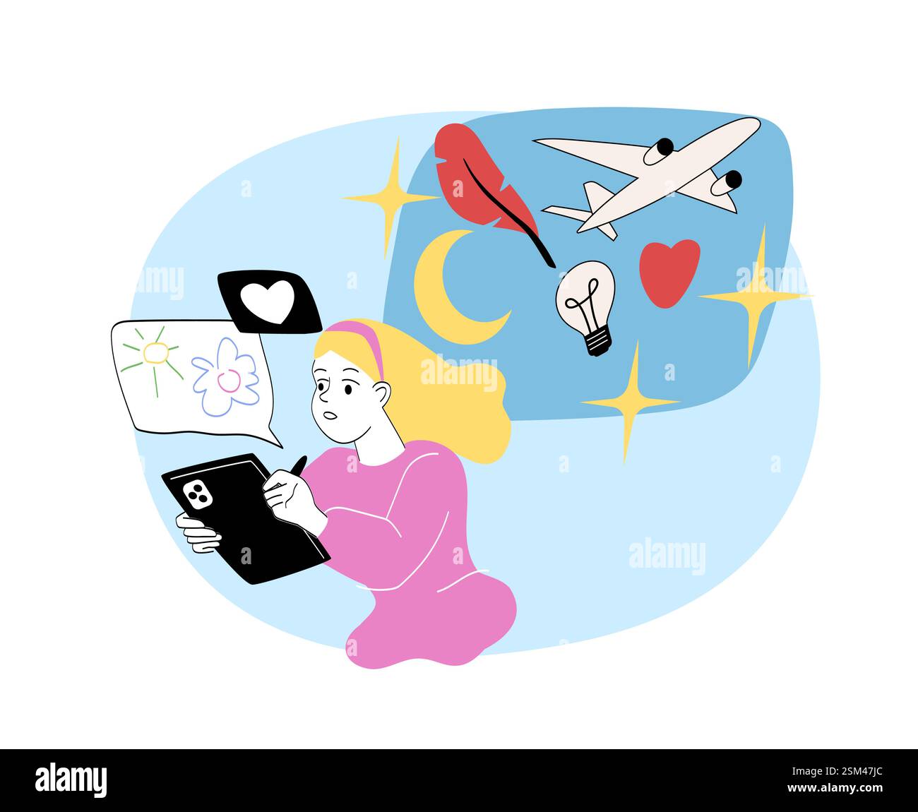 Creative girl drawing on tablet with imagination symbols floating ...