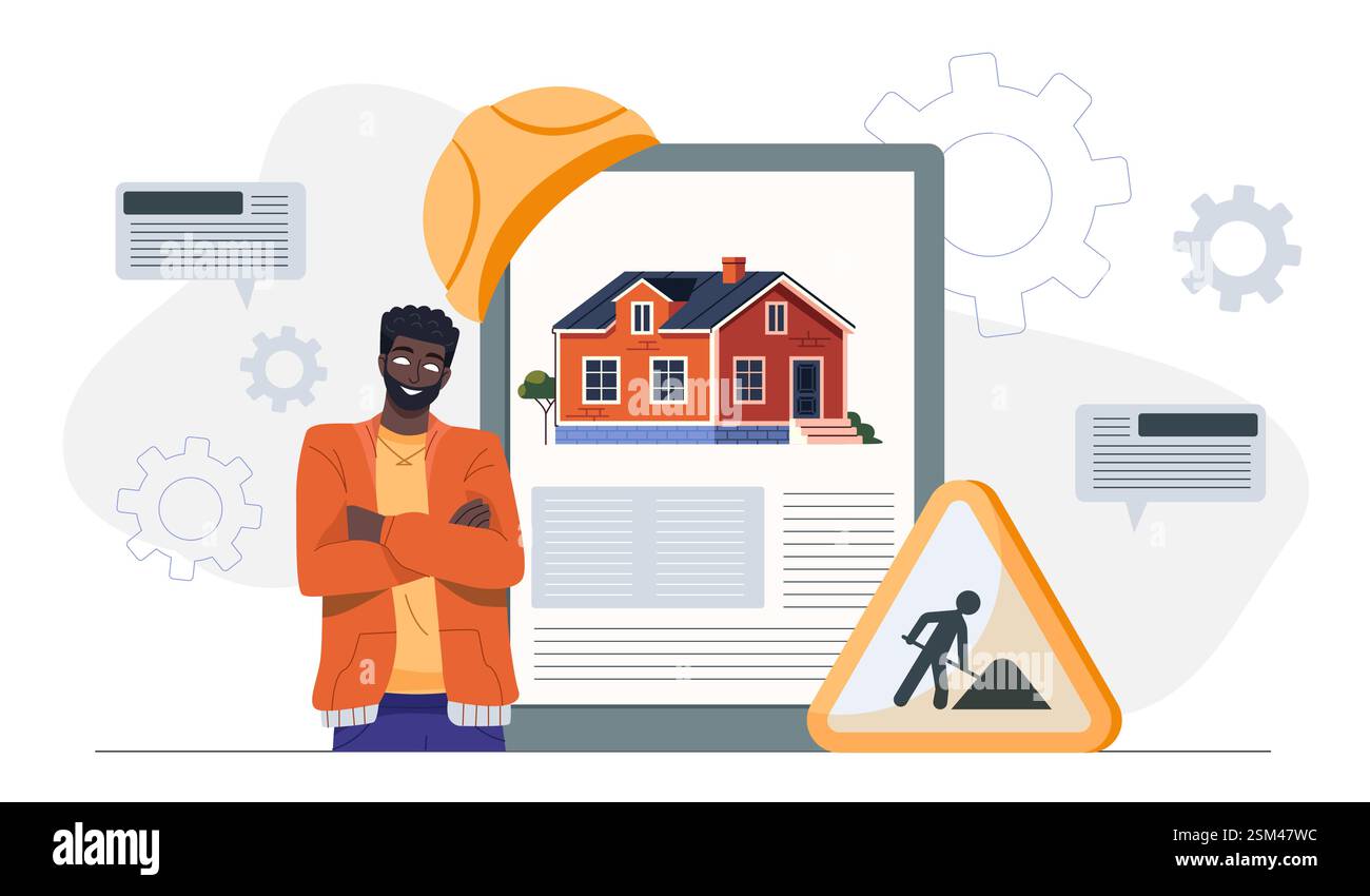 Man standing next to tablet displaying house construction project Stock ...