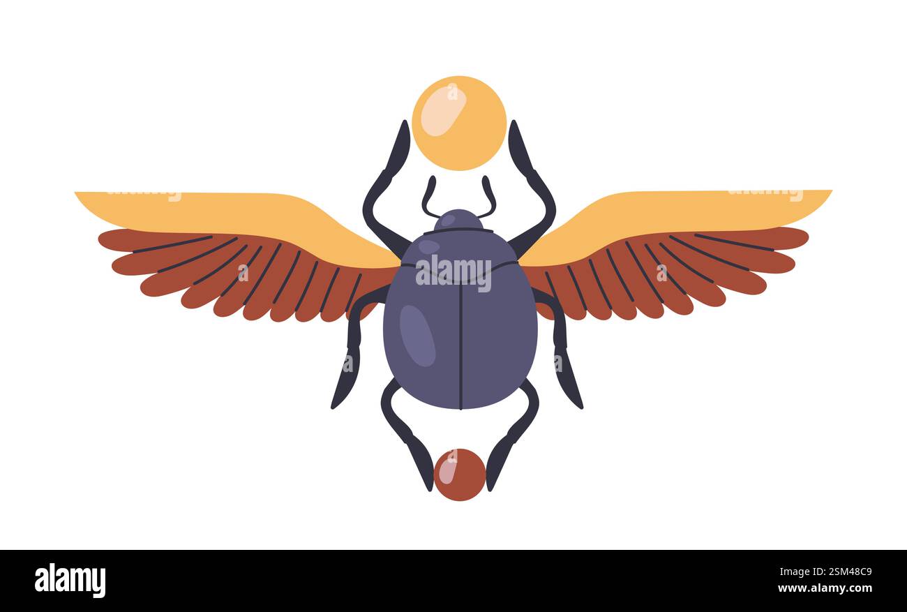 Stylized scarab beetle with outstretched wings holding a golden sphere ...