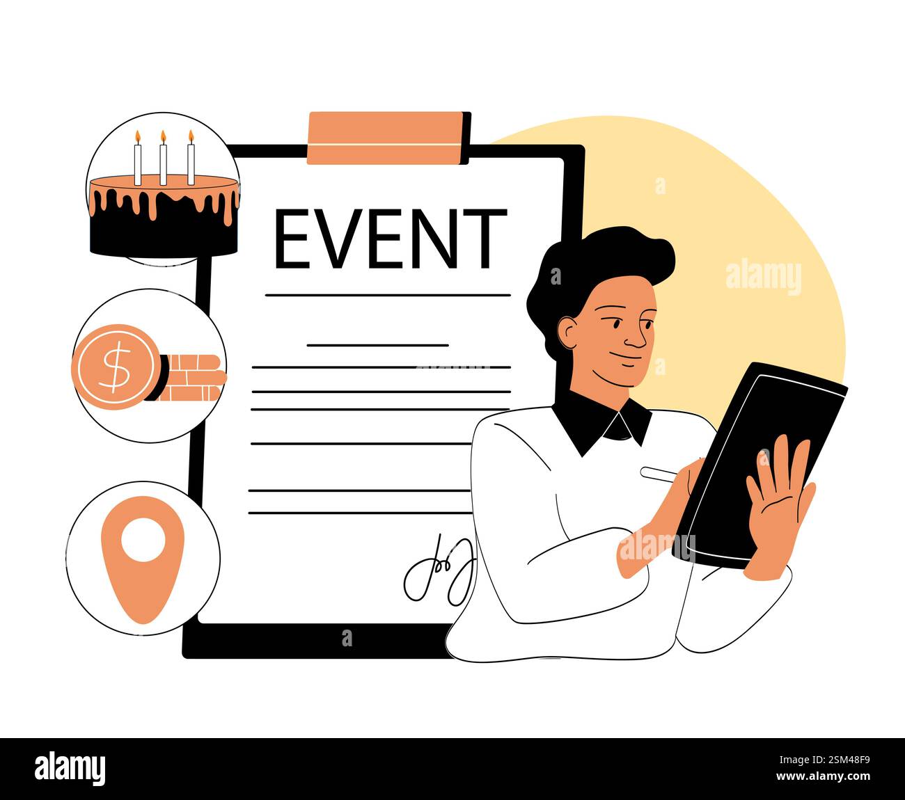 Event planning illustration with organizer holding tablet Stock Vector ...