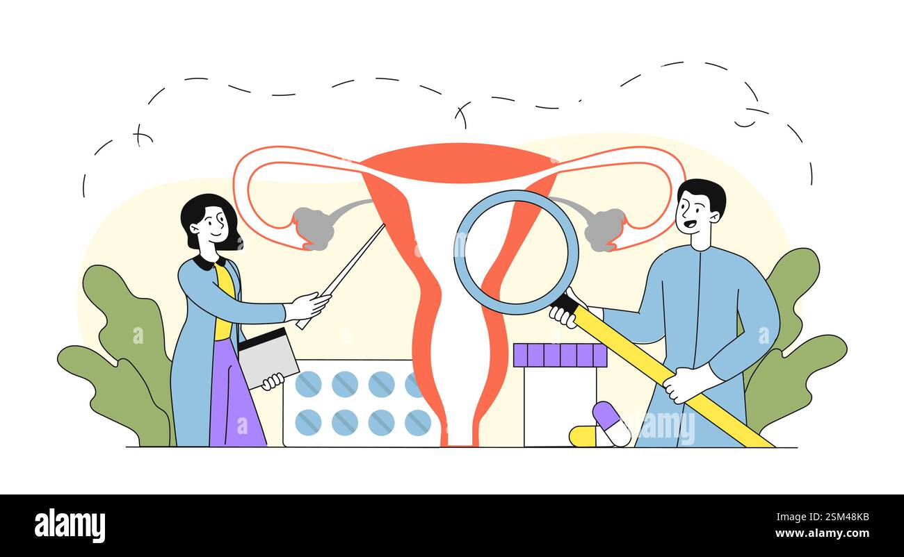 Medical professionals examining female reproductive system illustration ...