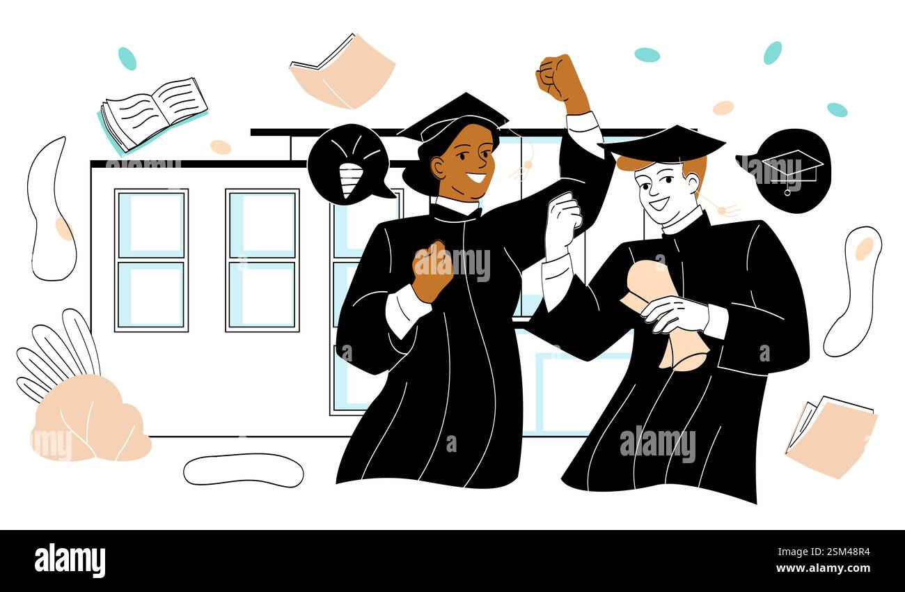 Happy graduates celebrating academic success in front of a school ...