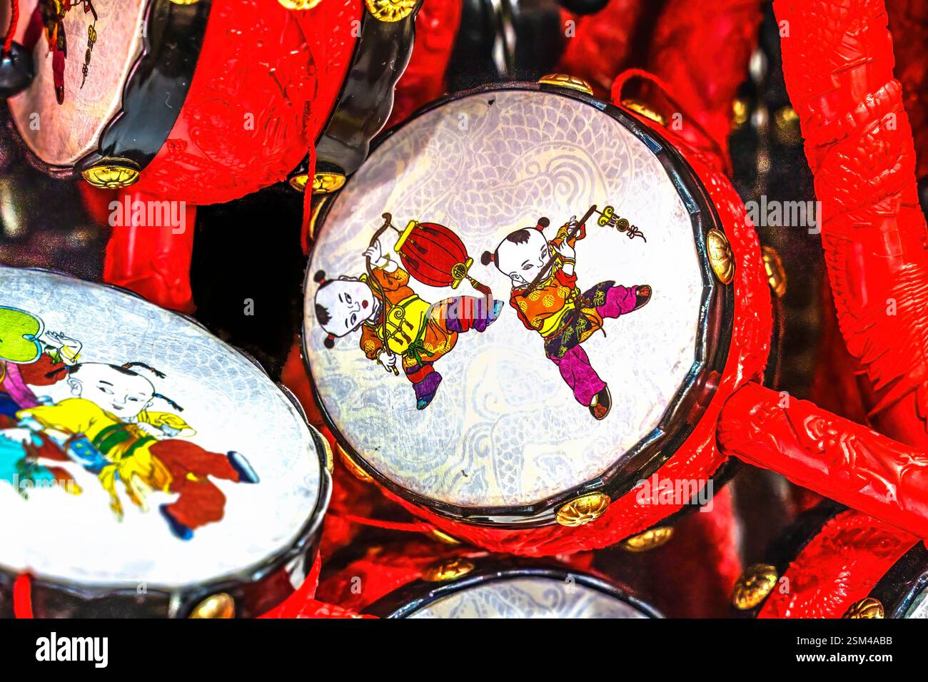 Colorful Old Red Chhinese Rattle Drums Souvenirs For Children Cultural ...