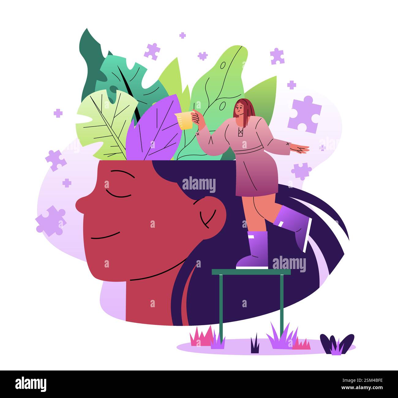 Woman organizing thoughts inside open head with plants and puzzle ...