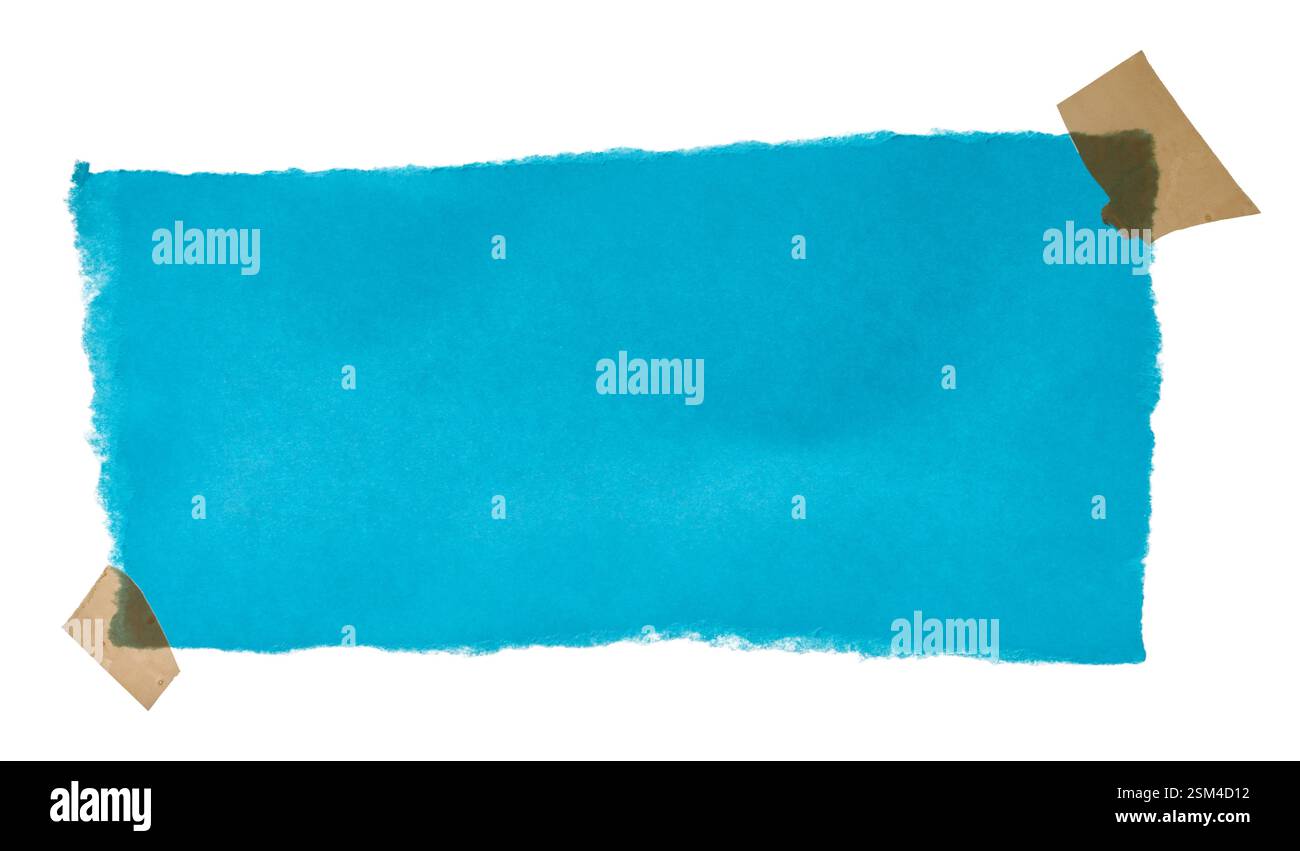 A ripped blue paper sheet with rough edges, secured by beige adhesive ...