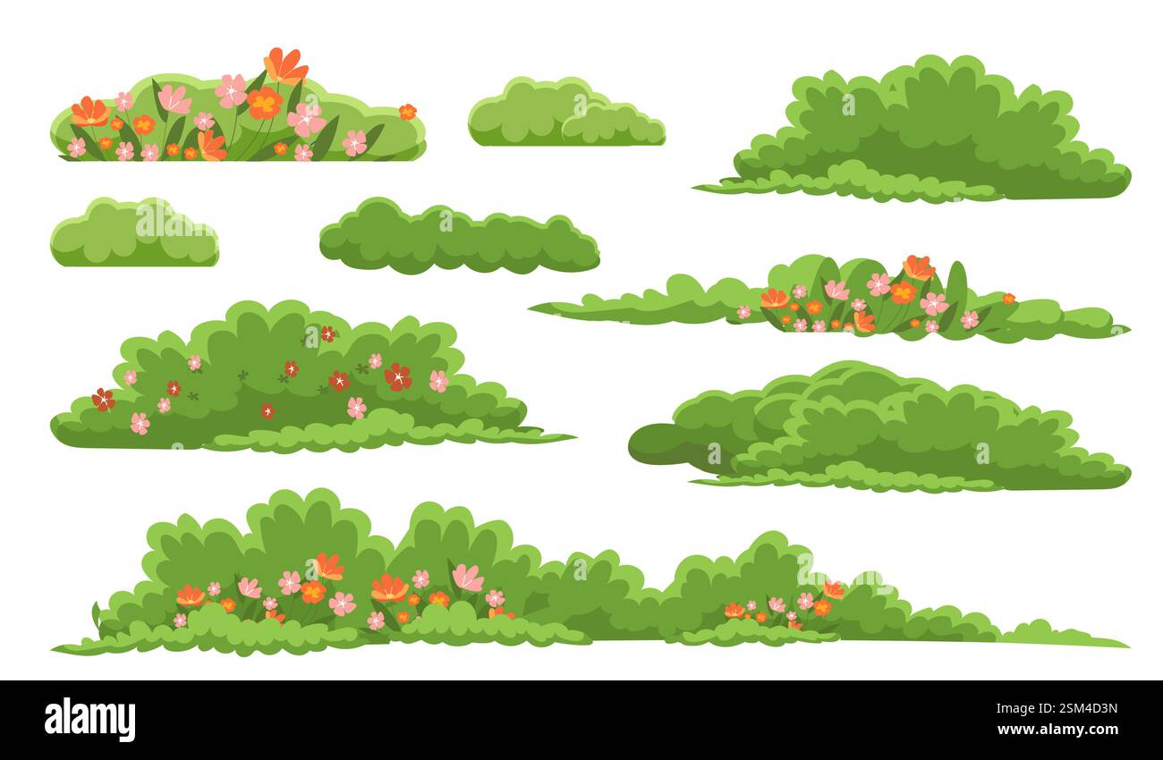 Cartoon-style green bushes with colorful flowers on white background ...