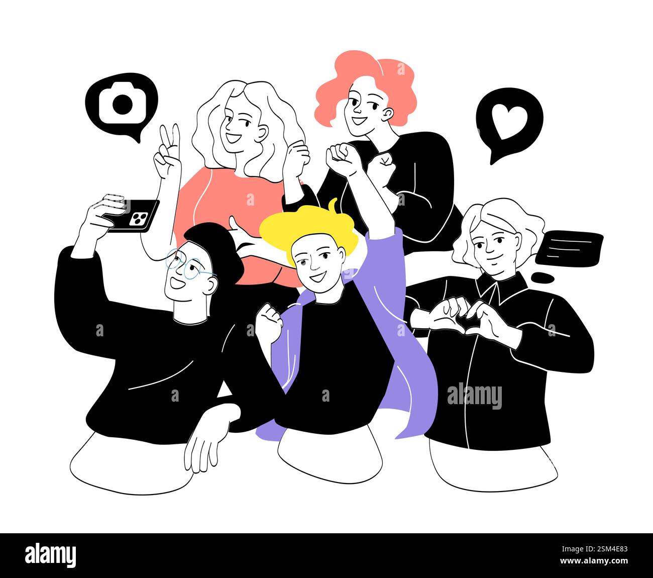 Group of friends taking selfie and posing with social media icons Stock ...