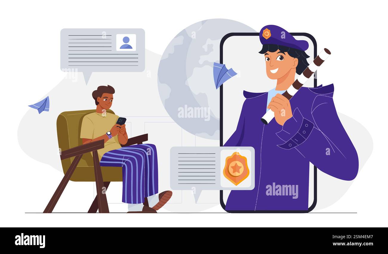 Man using smartphone chatting with virtual police officer on screen ...