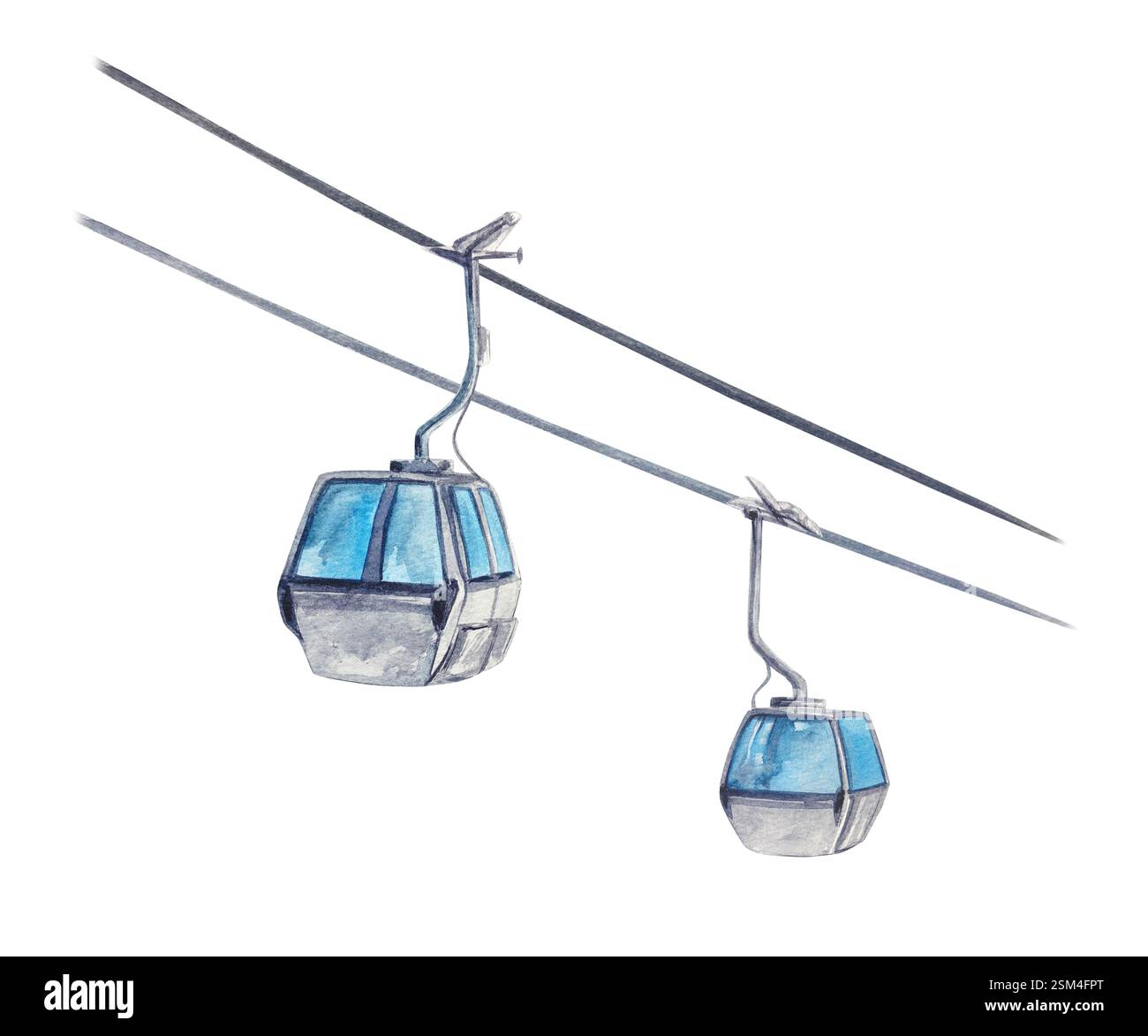 Funicular, ski resort lift. Hand drawn watercolor illustration isolated ...