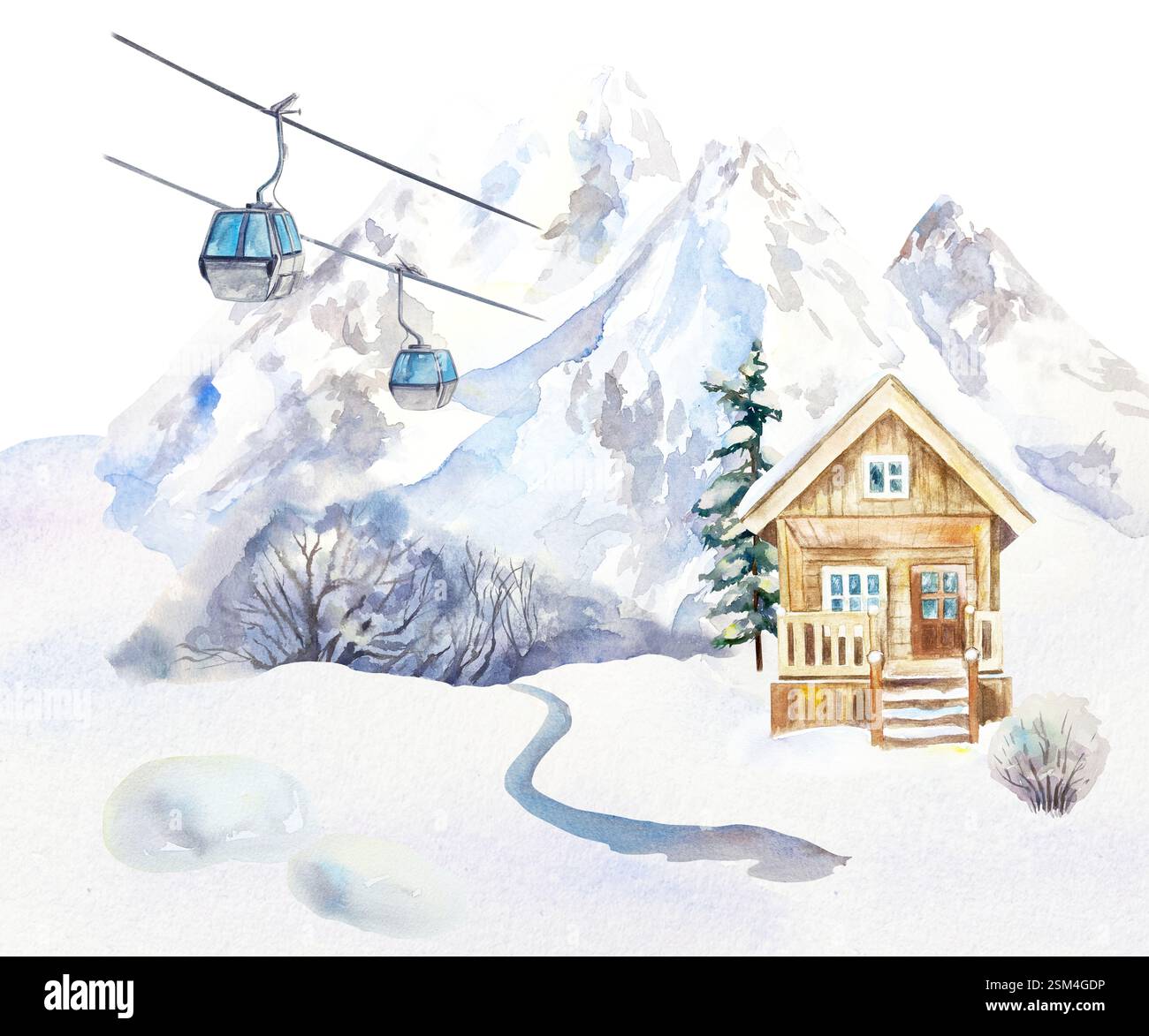 Funicular, ski lift, mountains, house, trees. Hand drawn watercolor ...