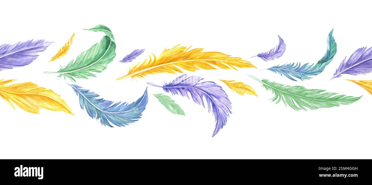 Watercolor colored abstract feathers seamless horizontal banner ...