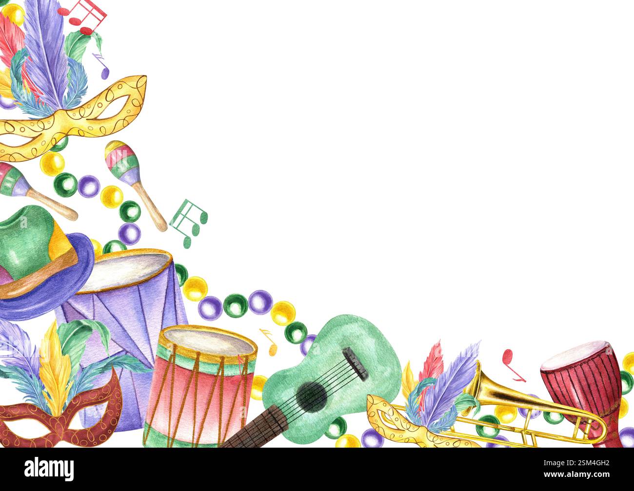 Watercolor music instruments with feathers masks, bead garlands, for ...