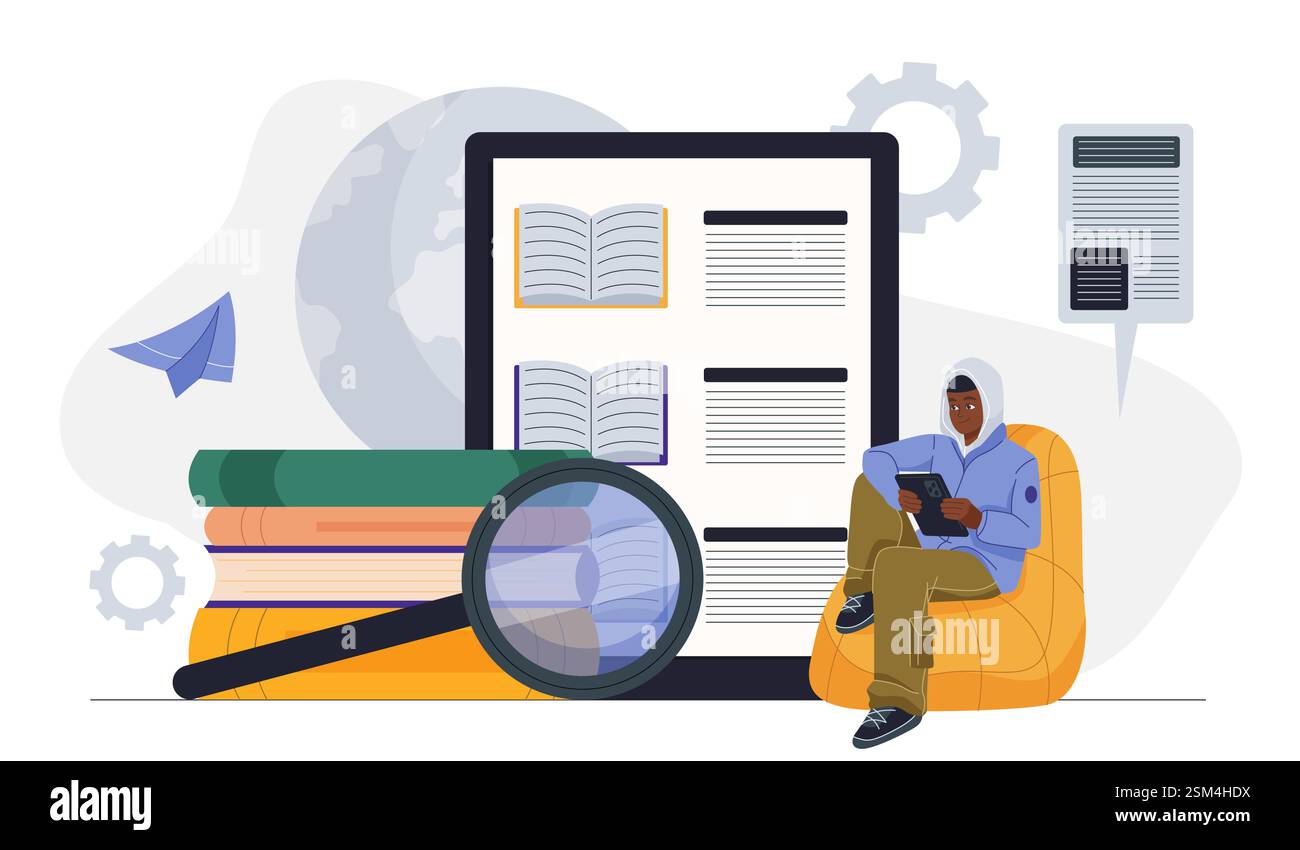 Digital reading and learning concept with books and tablet Stock Vector ...