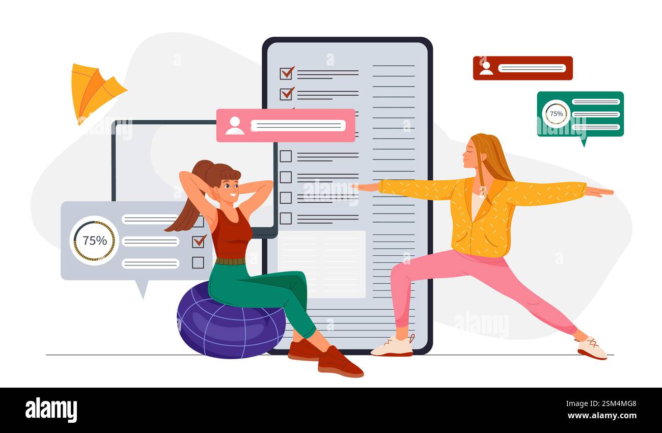 Women balancing work and health with digital tools Stock Vector Image ...