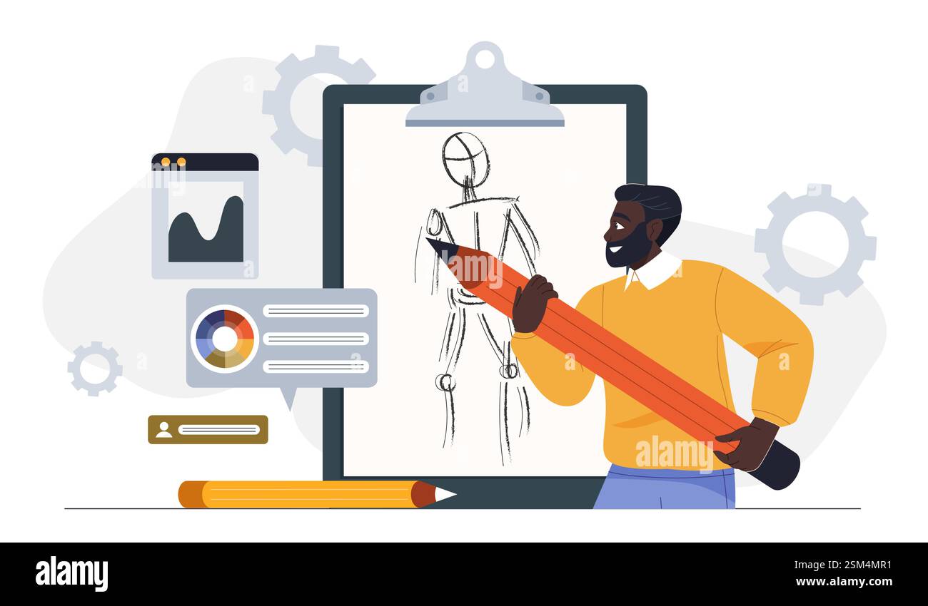 Artist sketching human figure on clipboard with oversized pencil Stock ...