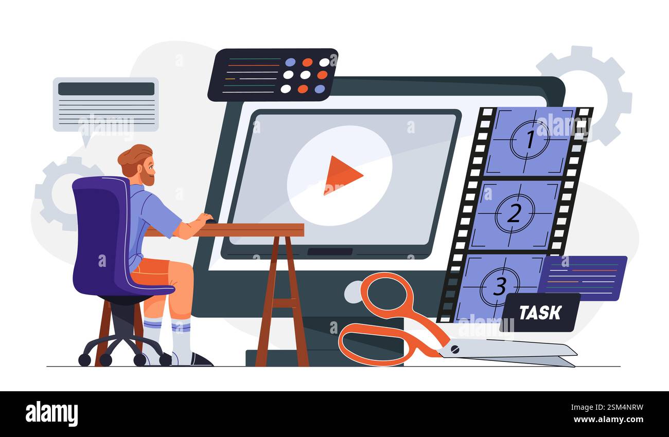 Man editing video on computer with filmstrip and scissors Stock Vector ...