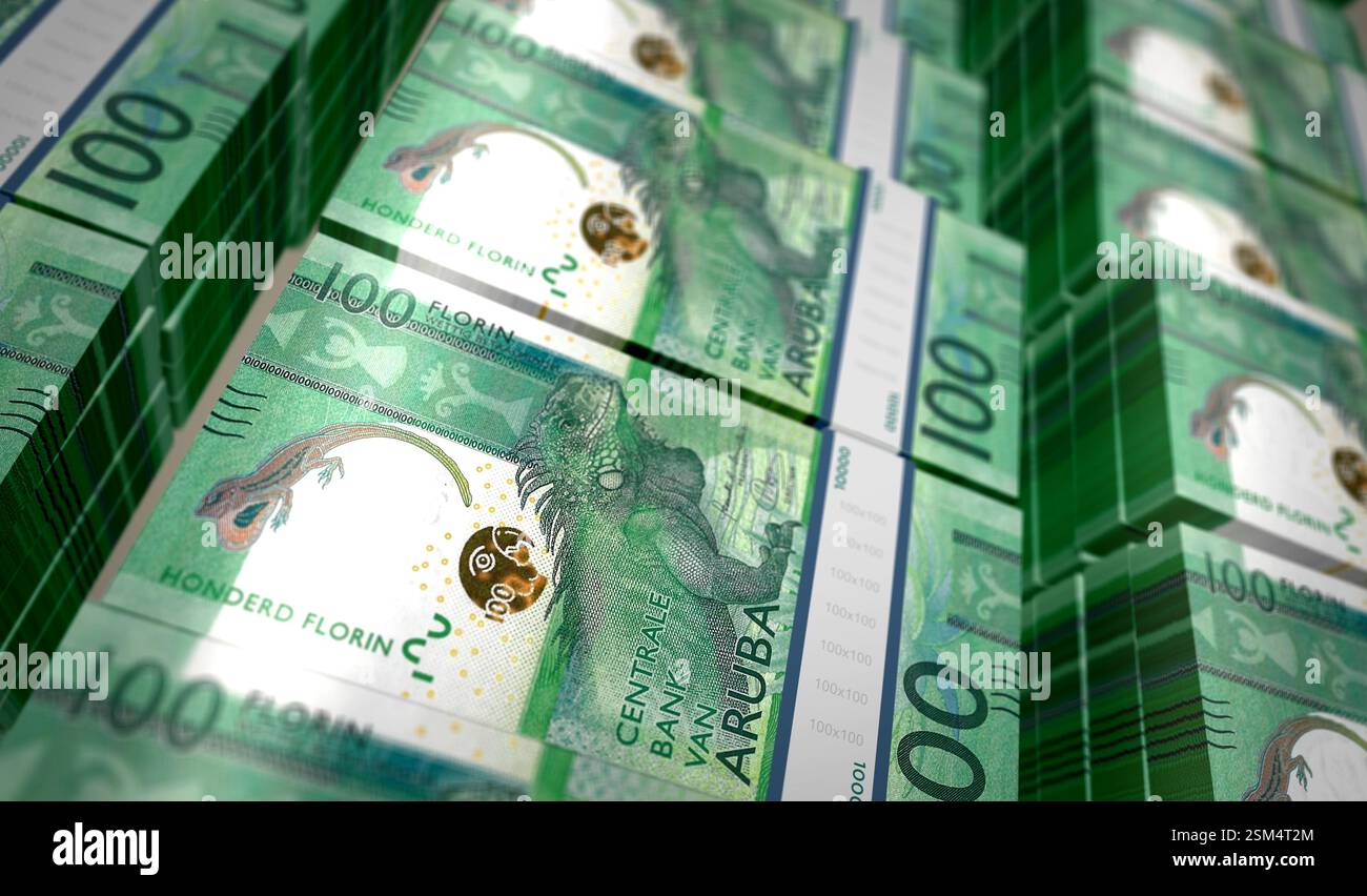 Aruba money Aruban florin money pack 3d illustration. 100 AWG banknote ...