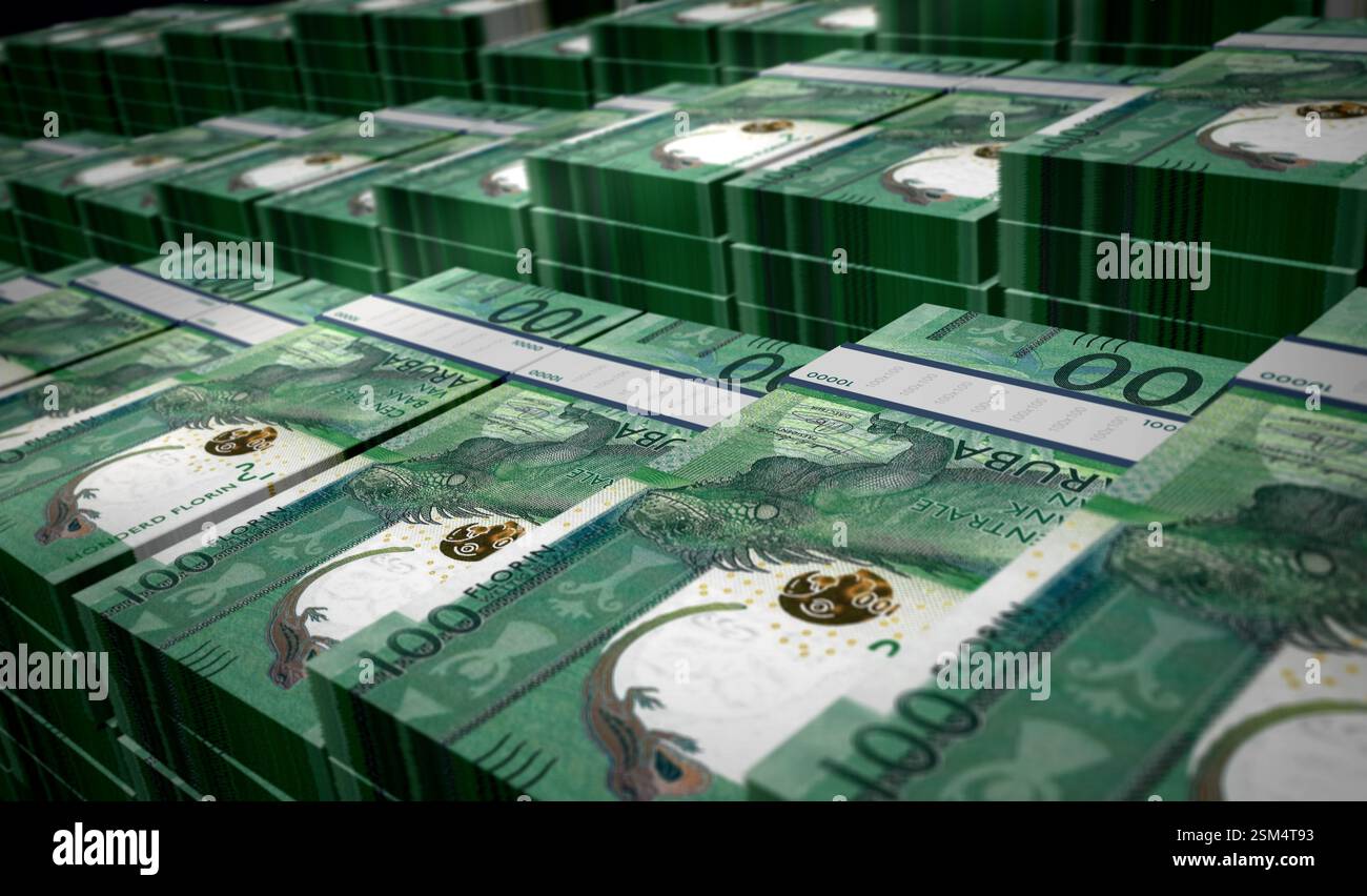 Aruba money Aruban florin money pack 3d illustration. 100 AWG banknote ...