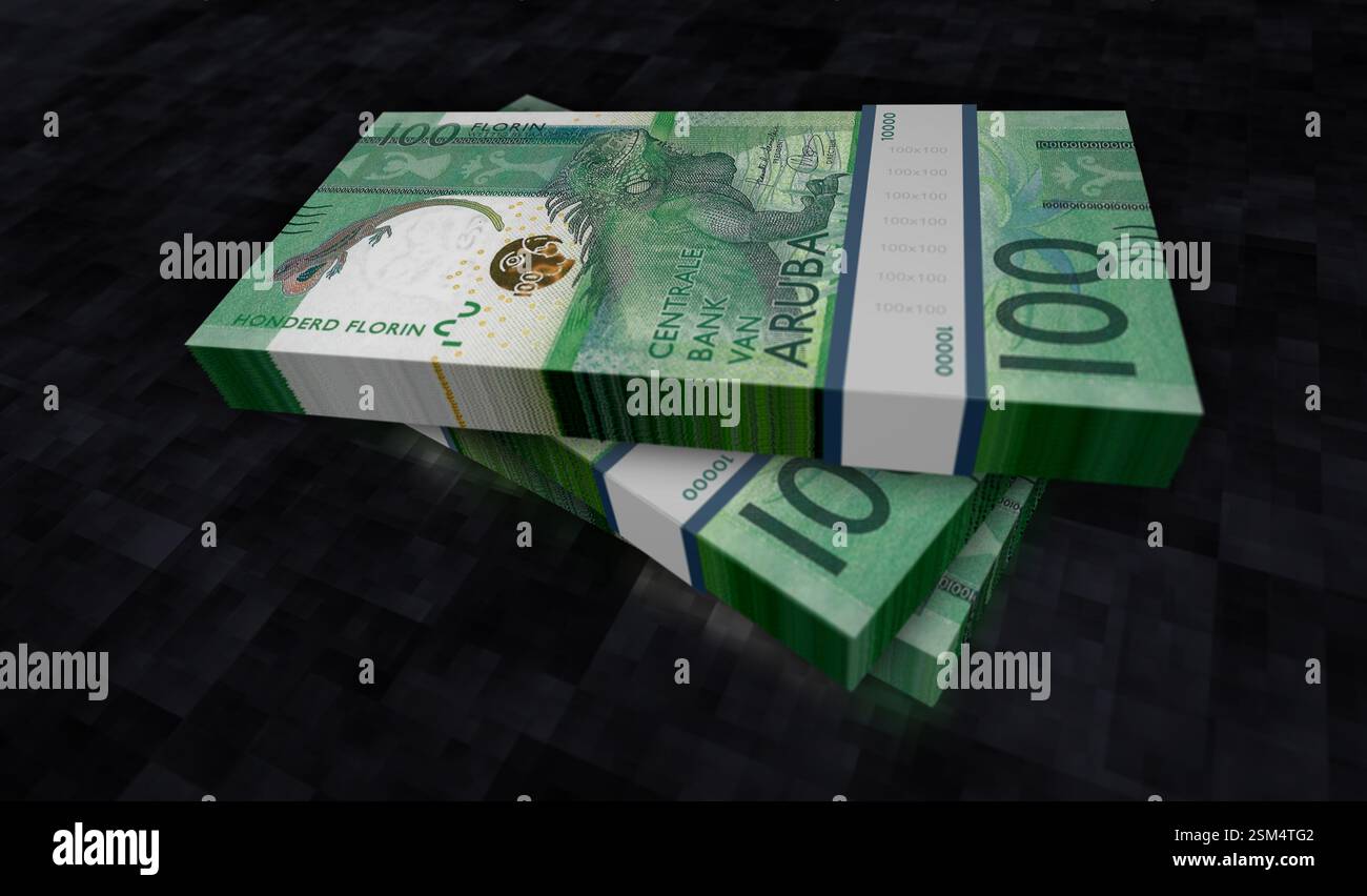 Aruba money Aruban florin money pack 3d illustration. 100 AWG banknote ...
