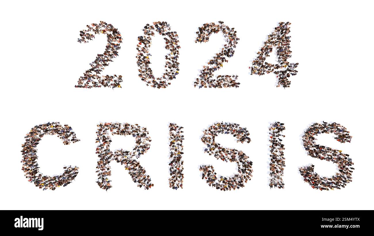 Concept or conceptual large community of people forming 2024 year. 3d ...