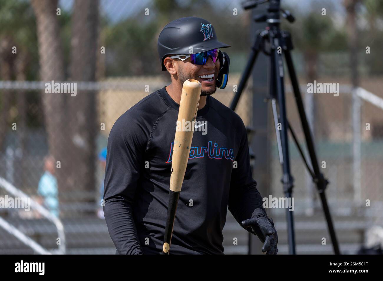 Miami Marlins catcher Agustin Ramirez (50) laughs during spring ...